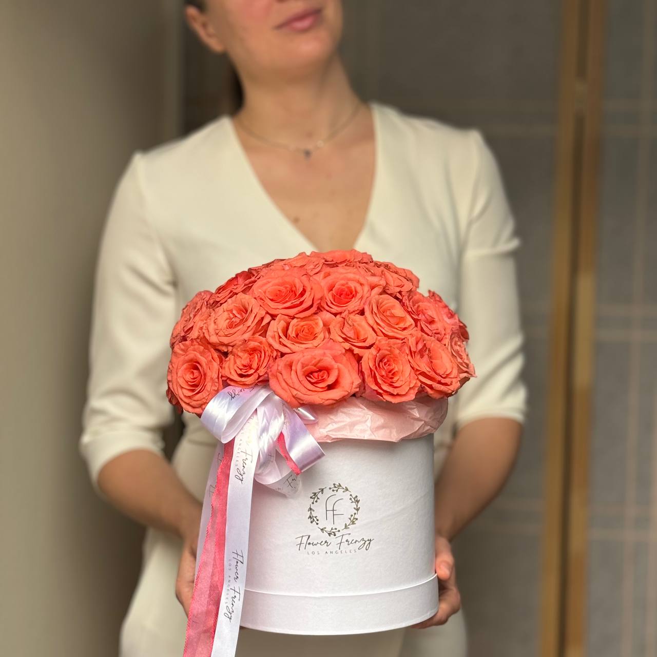 109. Coral Pearl Rose Box – FlowerFrenzyLA